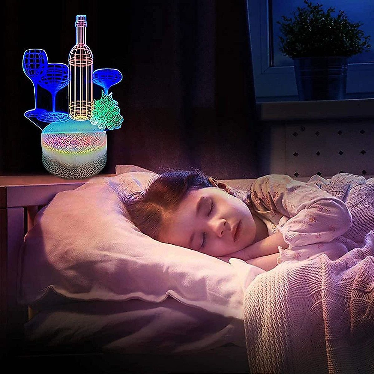 3D Night Light Wine Cup Bottle Optical Illusion Lamp Creative Gift Visual Lamp Dynamic Touch LED Three Colorful Bedroom Decorations Chirstmas Festival Birthday Valentines Day Desk Lamp