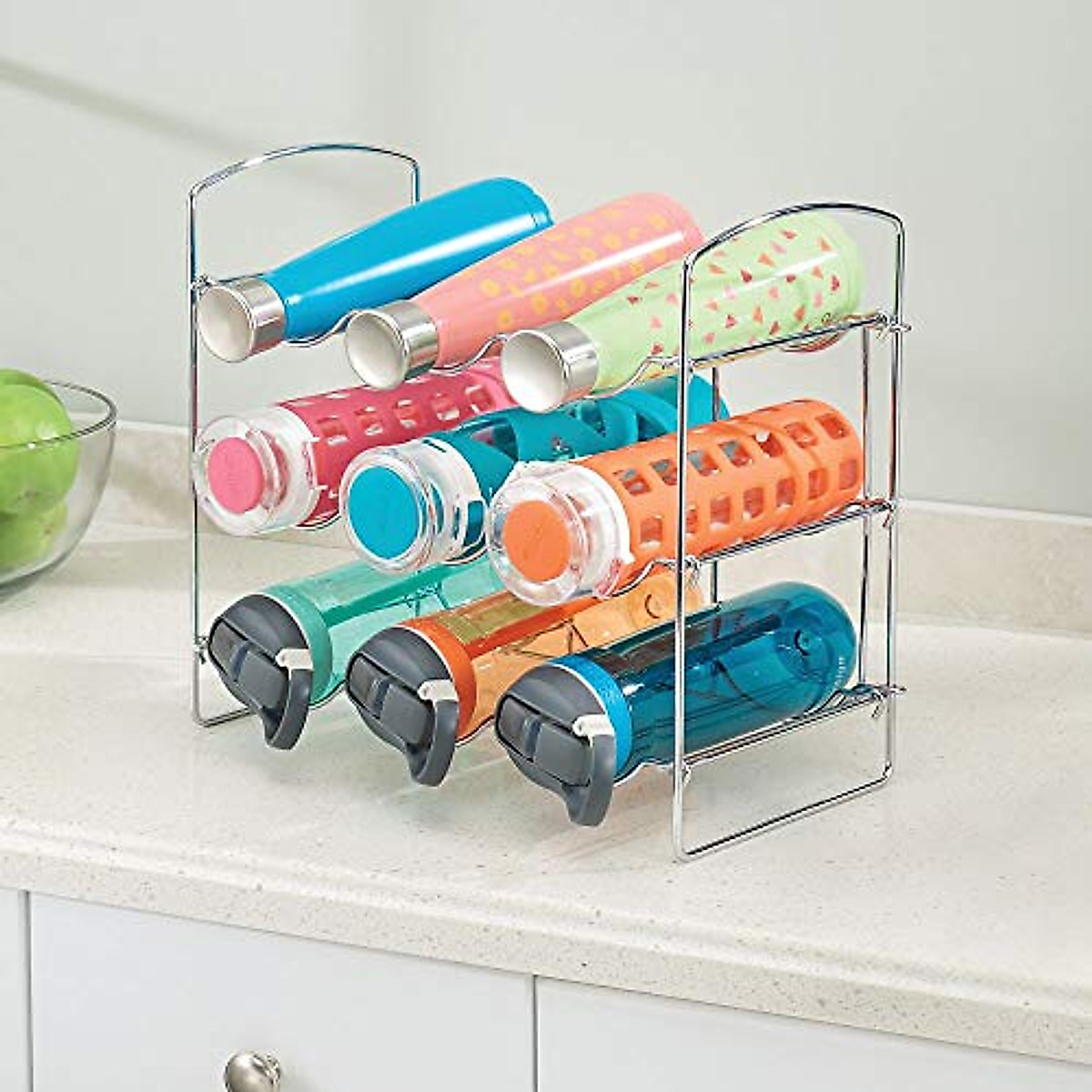 mDesign Metal Wire Free-Standing Water Bottle Rack - Storage Organizer for Kitchen Countertops, Pantry, Fridge - 3 Levels, Holds 9 Bottles - Chrome