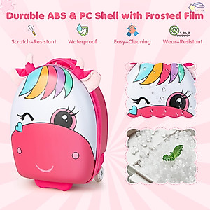 Goplus Kids Luggage, 16’’ Carry on Suitcase with LED Wheels, Waterproof Hard Shell, Lightweight Rolling Luggage for Travel, Birthday Christmas Gifts for Toddlers, Children, Boys, Girls (Pink)