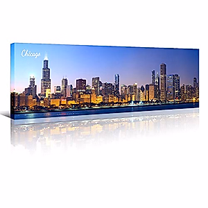 Chicago Skyline Wall Art for Living Room Cityscape Canvas Modern Home Decor Panorama Pictures City Building House Decorations Skyscraper Artwork Night View Posters and Prints 12x46 Inch 1 Panel