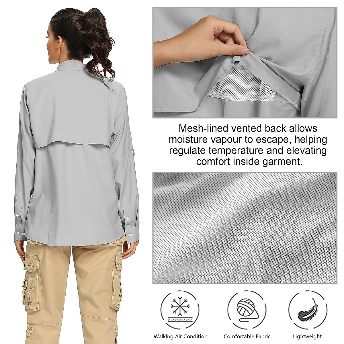 Jessie Kidden Women's UPF 50+ UV Sun Protection Safari Shirt, Long Sleeve Outdoor Cool Quick Dry Fishing Hiking Gardening Shirts (5055 Grey M)