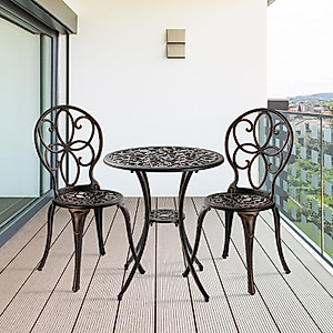 PATIO-IN Patio Bistro Sets 3 Piece, Outdoor Bistro Table and Chairs Set of 2 with Umbrella Hole, Cast Aluminum Bistro Set, Patio Furniture for Yard Garden Porch, Bronze