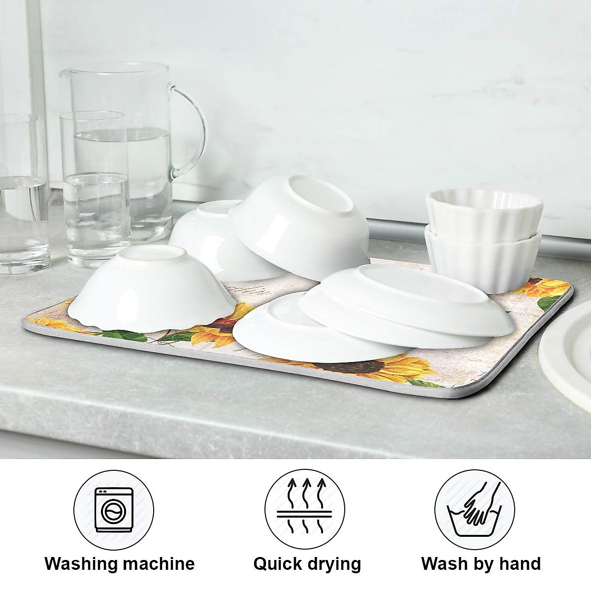 Qilmy Sunflowers Dish Drying Mat Water Absorption Tableware Drying Mat for Kitchen Countertop Home Decoration, 16 x 18 Inch Non Slip Dish Mats, Heat Resistant Countertop Protection