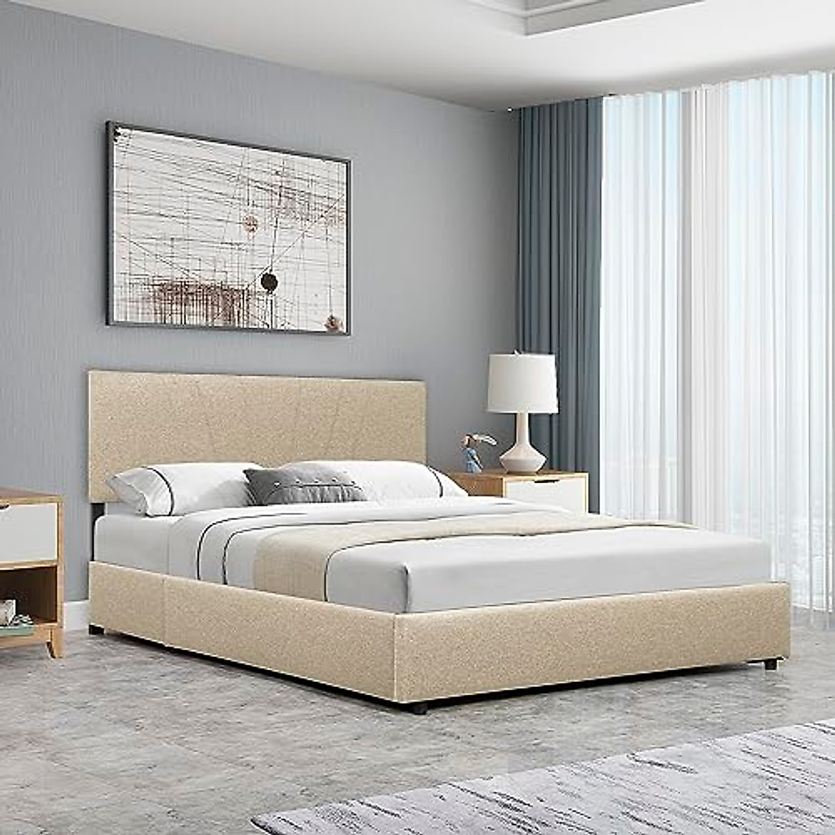 dingdongBroMetal Bed Frame, Enhanced with Thick Wooden Slats, Pneumatic Lift System, and Effortless Assembly, Ensuring a Comfortable Sleep Experience (Light Beige, Queen)