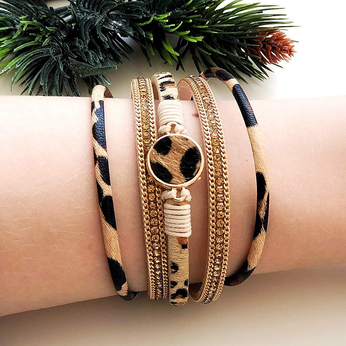 ARVATO Leather Wrap Bracelet for Women Trendy (7.68”) Multi Layerd Boho Western Animal Print Cheetah Leopard Bracelet Stackable Cuff Jewelry Mother's Day Christmas Gift