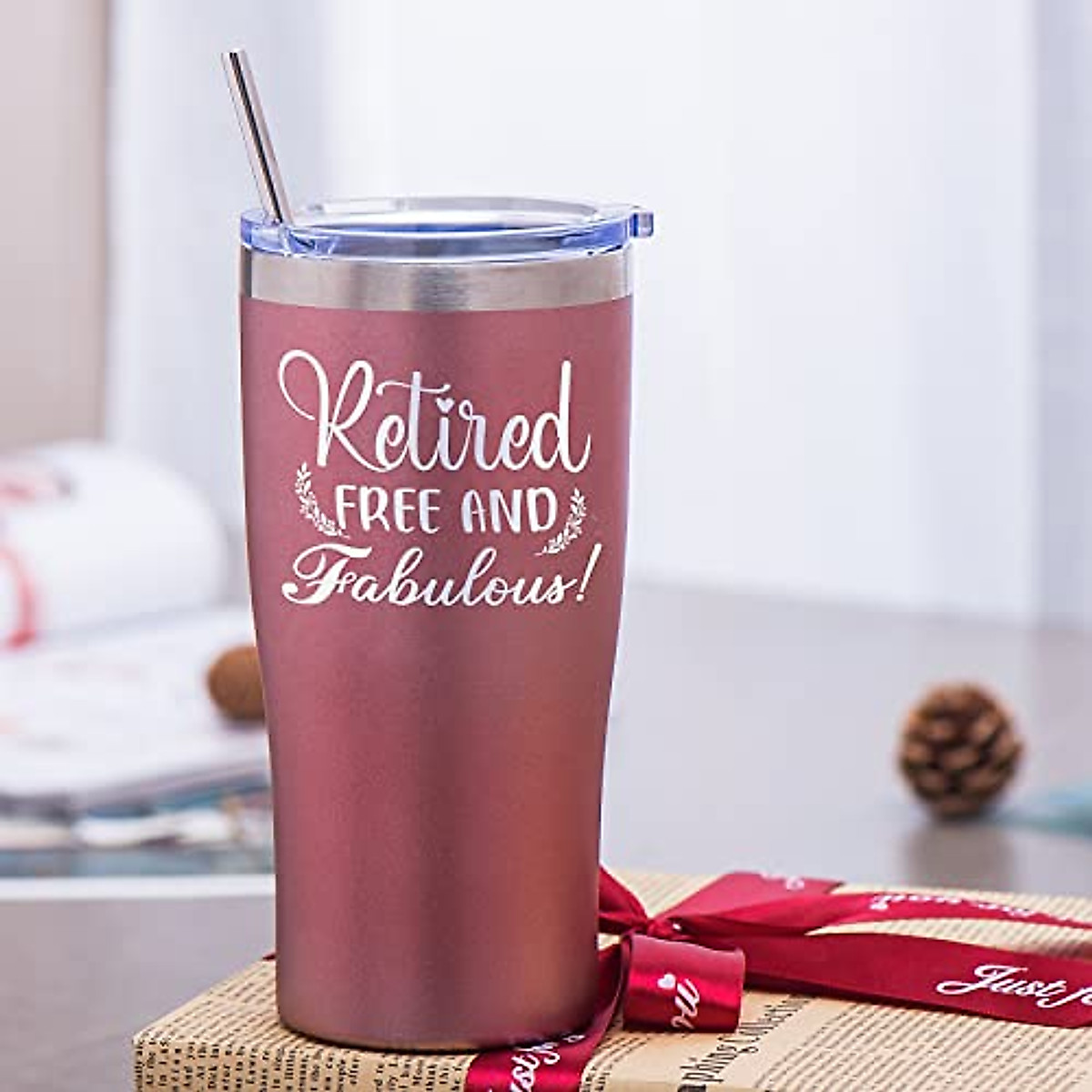 Retirement Gifts for Women, Funny Birthday Gifts,Happy Retired Gifts,Happy Retirement Gifts for Friends,Best Retirement Gifts,Retired Free And Fabulous Tumbler for Coworker,Teacher,Nurse,Mom(RoseGold)