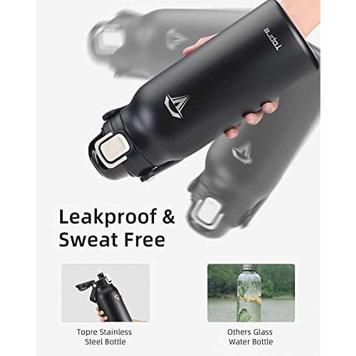 Topre 64 oz Insulated Water Bottle, Half Gallon Vacuum Double Walled Stainless Steel Large Metal Flask, Wide Mouth Jug with Handle Straw Auto Chug Lids,Keeps Cold & Hot for Sports Gym,Black