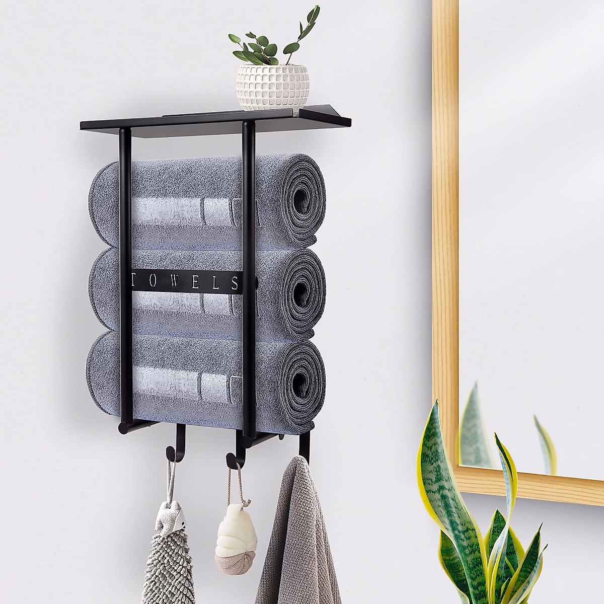 Towel Racks for Bathroom Wall Mounted, Wall Towel Rack for Rolled Towels, Bathroom Wall Organizers and Towel Storage, With Metal Shelf and 3 Hooks for Small Bathroom, Camper, RV Storage, Black