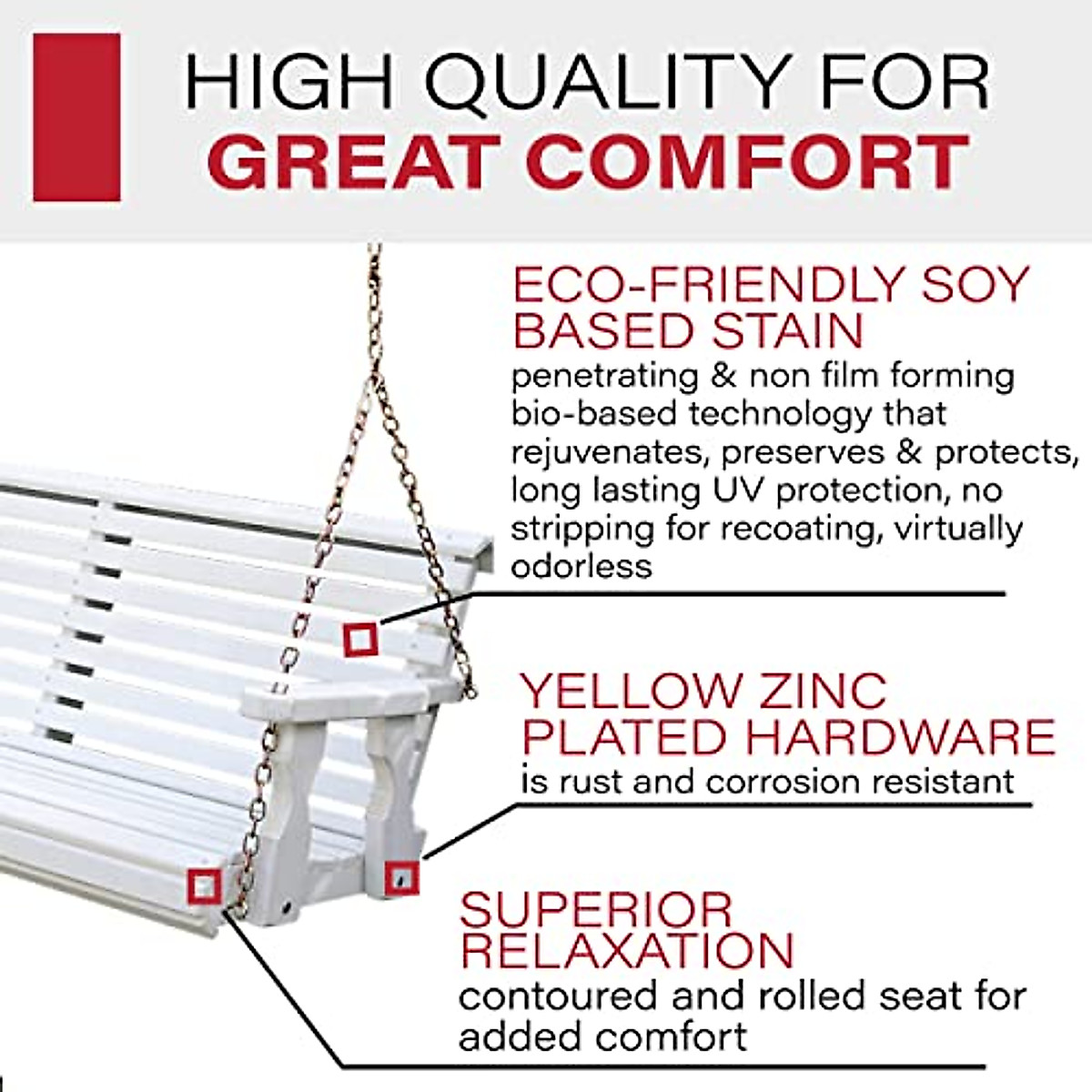 Amish Casual Heavy Duty 800 Lb Roll Back Treated Porch Swing with Hanging Chains (5 Foot, Semi-Solid White Stain)