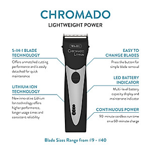 Wahl Professional Animal Chromado Lithium Pet, Dog, Cat & Horse Corded/Cordless Clipper Kit (#41871-0434) - Dog, Cat & Horse Grooming Supplies - Cord/Cordless - Pet Clippers - Black & Silver