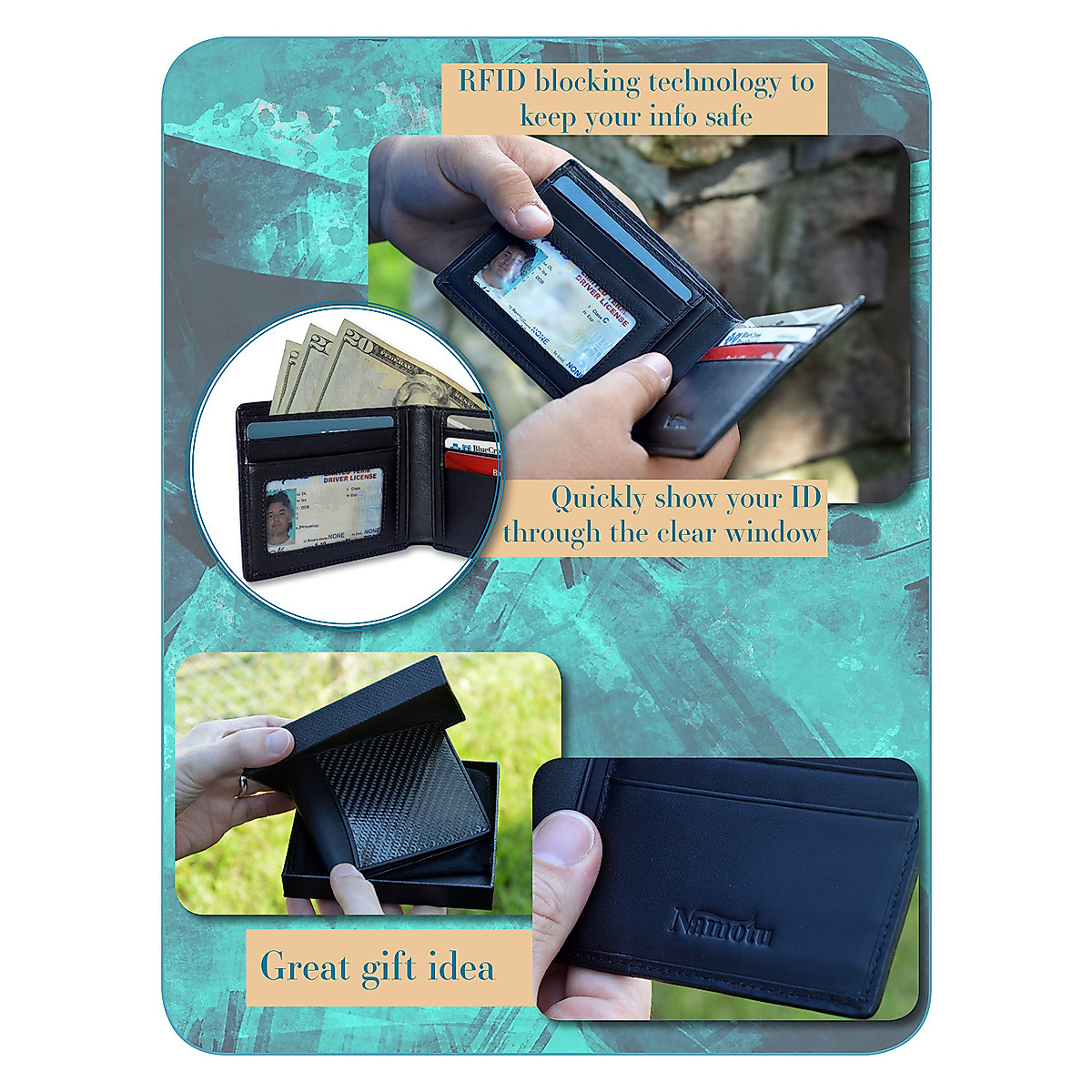 Namotu Real Carbon Fiber Wallet w/RFID Blocking Tech, Leather at Hinges and Trim - ID Window - Mens Slim Thin Real Carbon Bifold to Protect Your Money and Cards Identity