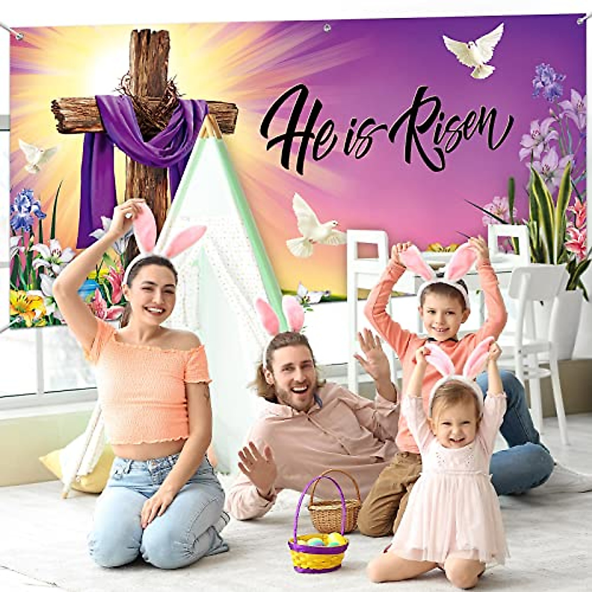 Outdoor Easter Garage Door Banner Cover He is Risen Backdrop Easter Decorations Extra Large Jesus Cross Religious Banner Background for Spring Home Outdoor Indoor Easter Party Supplies 6.1 x 13 ft
