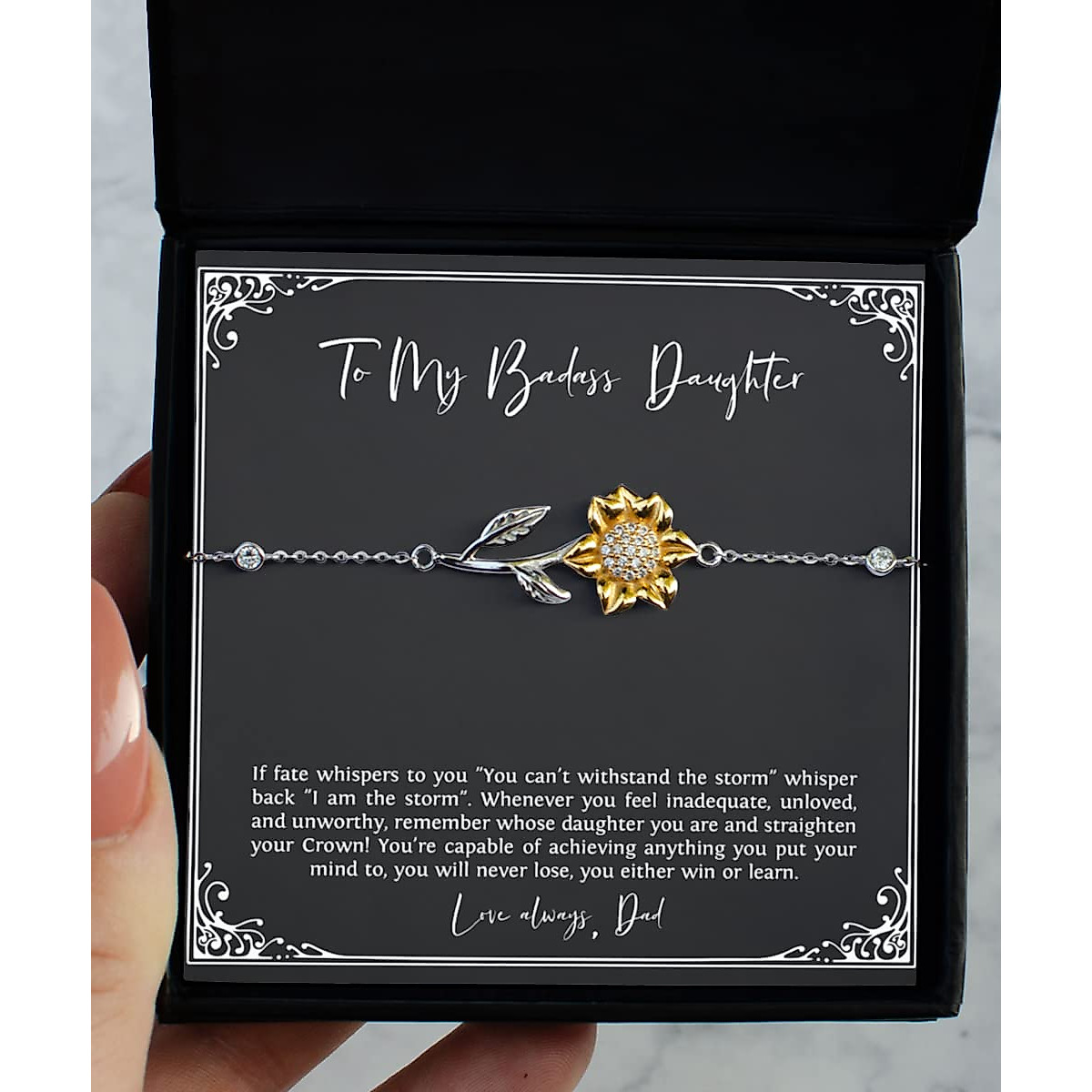 To My Badass Daughter Bracelet From Dad, 925 Sterling Silver Bracelet with 14k Gold Sunflower Charm, Daughter Gift from Dad, Gifts for Daughters from Dad, Birthday Present for Teen Girls