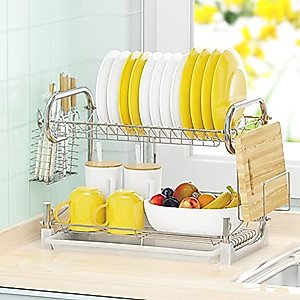 iSPECLE 2 Tier Dish Drying Rack, Dish Rack with Drainboard Set Dish Drain Utensil Holder, Cutting Board Holder for Small Kitchen Countertop