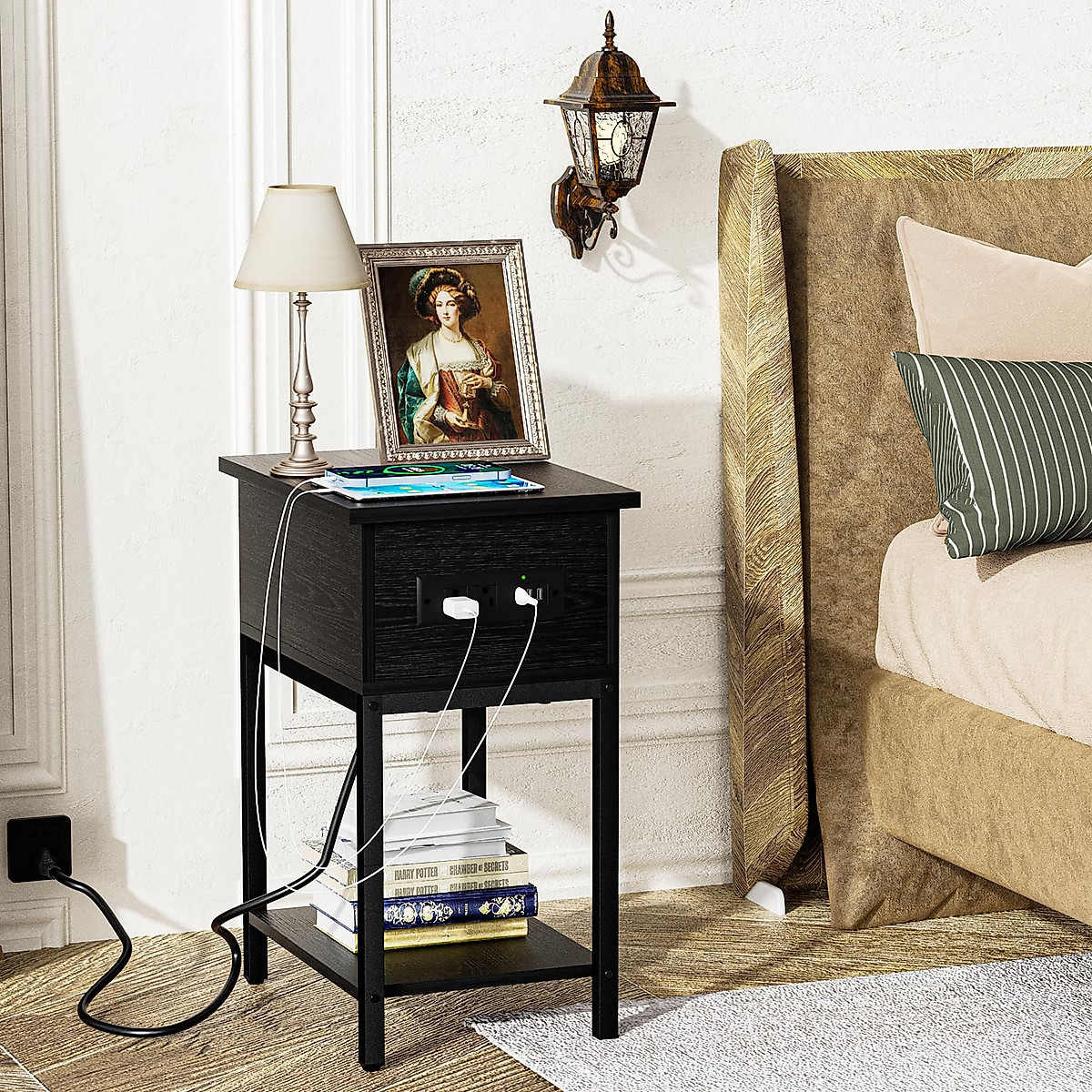 SZLHANJZ Narrow Nightstand, Small End Table with Charging Station, Bedside Table with Storage and Shelf for Small Spaces, 2 Tier Side Table for Living Room Bedroom, Black
