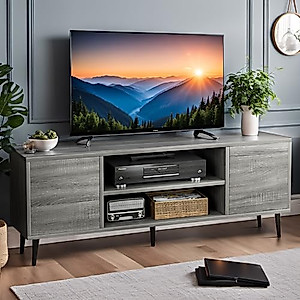 YESHOMY Modern TV Stand for 65" Television, Entertainment Center with Two Storage Cabinets, Retro Style Media Console for Living Room, Bedroom, Office, 58 Inch, Light Gray