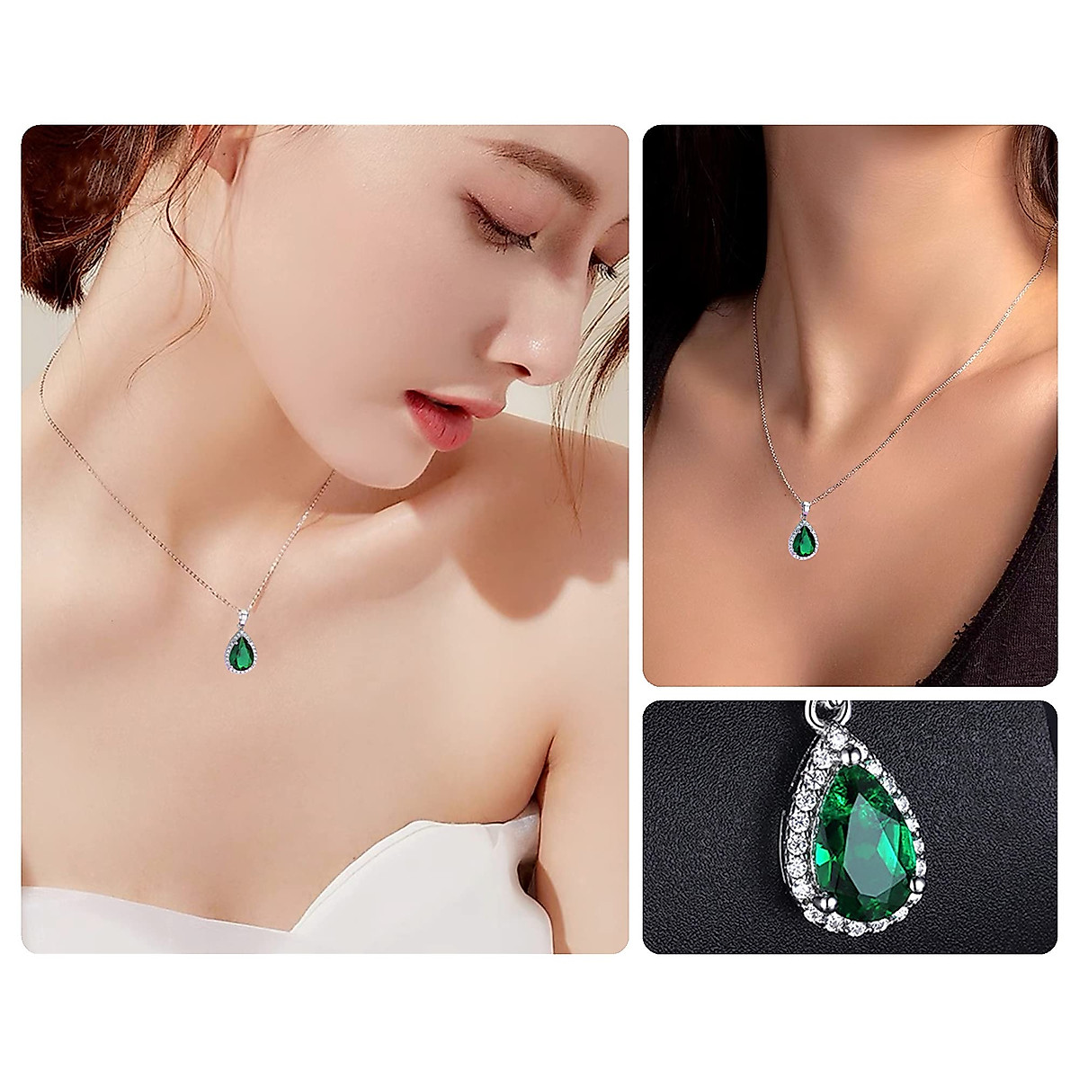 VONSSY Green Pendant Necklace | Waterdrop Oval Teardrop Pendant Necklace | Clover XMAS Tree Pendant Necklace