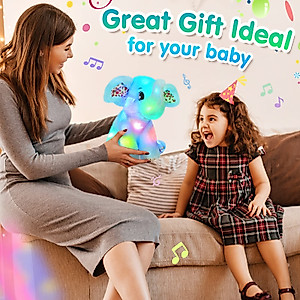 BSTAOFY 12‘’ Musical Light Up Elephant Plush Toy Floppy LED Stuffed Animals Lullabies Nightlight Bedtime for Kids Birthday Valentines for Toddlers, Blue