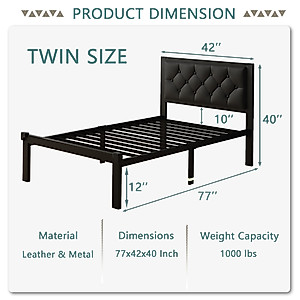 Feonase Twin Size Metal Bed Frame with Faux Leather Button Tufted Headboard, Heavy-Duty Platform Bed Frame with 12" Storage, Steel Slats Support, No Box Spring Needed, Noise Free, Black