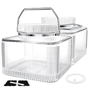 2 Pack 1 Gallon Glass Jar with Lid Square Large Mason Jar with Stainless Steel Handle and Leak Proof Screw Lid for Storing Eggs, Flour, Kombucha, Sugar, Pickle - Extra Gasket, Reusable Labels and Pen