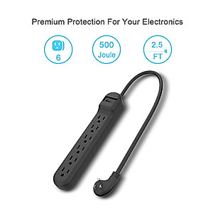 Wishinkle Surge Protector with 6 Outlets, 2.5-Foot Flat Plug Extension Cord Power Strip, 500 Joule, Multiple Protection Outlet Strip for Home, Office, Travel, School-Black, Pack of 2