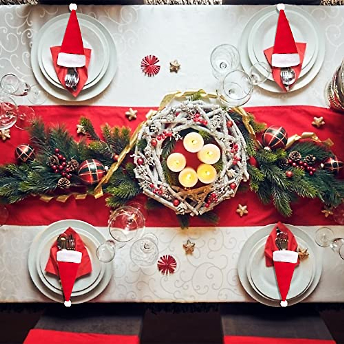 QIUFSSE 30 Pieces Christmas Santa Hat Silverware Holder for Party Christmas Table Decorations Sets Christmas Party Dinner Table Decorations Supplies Flatware Holders Decor