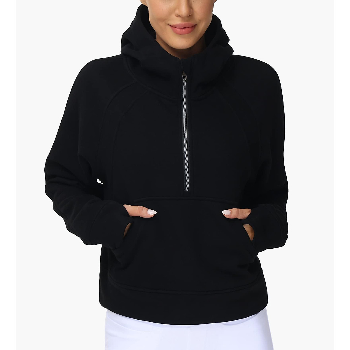 THE GYM PEOPLE Women’s Hoodies Half Zip Long Sleeve Fleece Crop Pullover Sweatshirts with Pockets Thumb Hole Black
