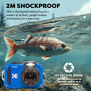 Kodak PIXPRO WPZ2 Rugged Waterproof Shockproof Digital Camera 16MP 4X Optical Zoom 1080P Full HD Video, 2.7" LCD (Blue), 32GB SD Card, Black Compact Camera Case, Floating Strap, Bundle (7 Items)