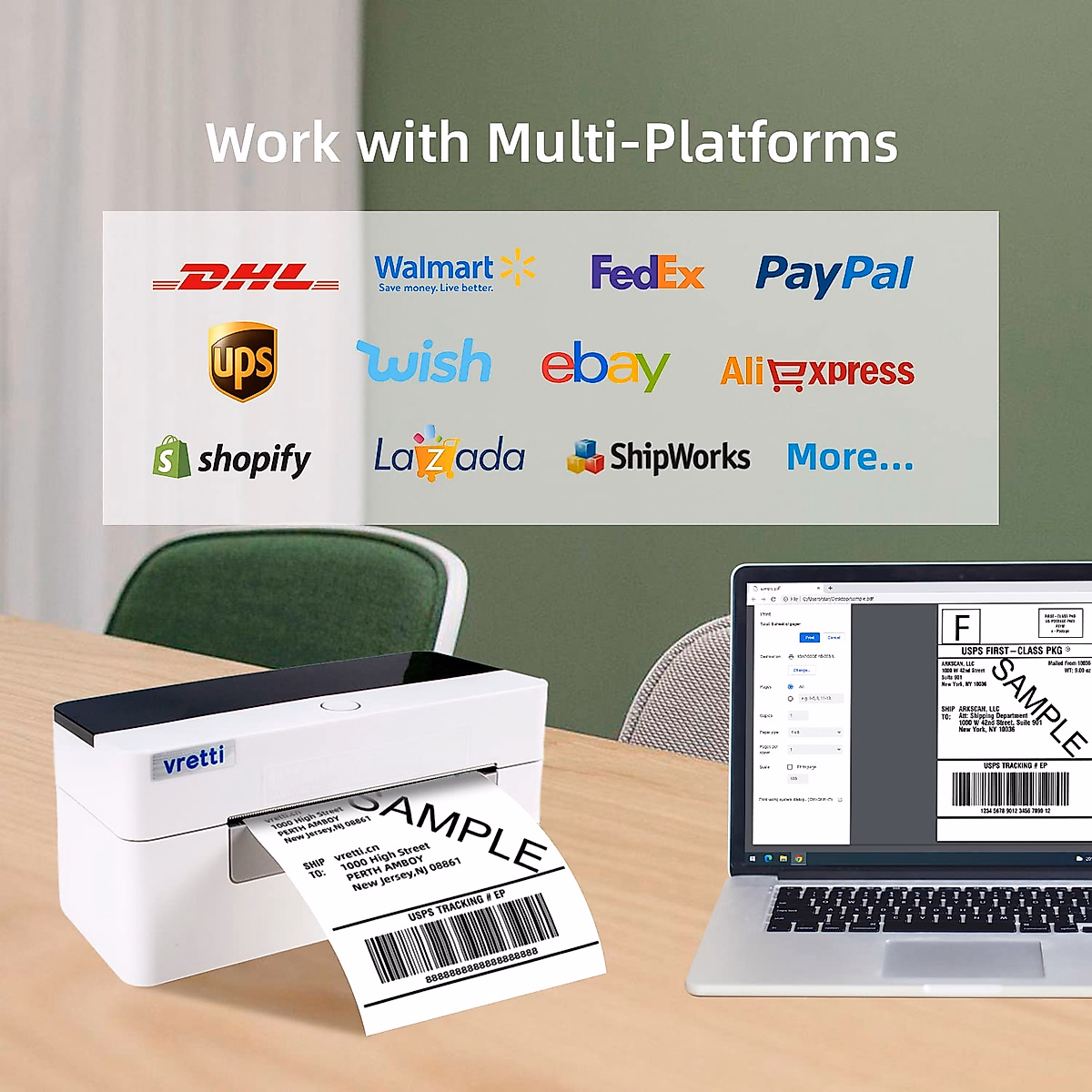 vretti Shipping Label Printer, 4x6 USB Desktop Barcode Label Printer for Small Business & Shipping Packages Compatible with Mac, Windows, Linux, UPS, USPS