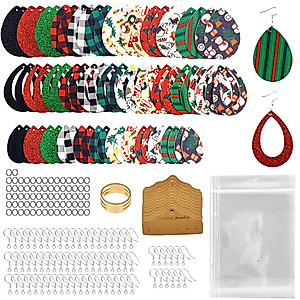 AOUXSEEM 241 Pcs Christmas Faux Leather Earrings Making Kit for Beginner, Contains 72 Pre Cut Hollow Teardrop Earring Pieces with Hooks Jump Rings Opener Earring Display Cards and Self-Adhesive Bags