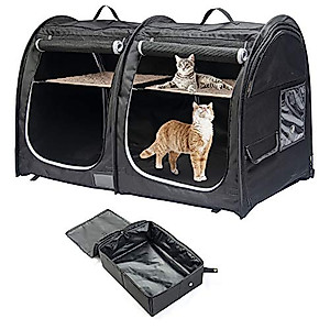 Mispace Portable Twin Compartment Show House Cat Cage/Condo - Easy to Fold & Carry Kennel - Comfy Puppy Home & Dog Travel Crate with Portable Carry Bag/Two Hammocks/Mats and Collapsible Litter Box