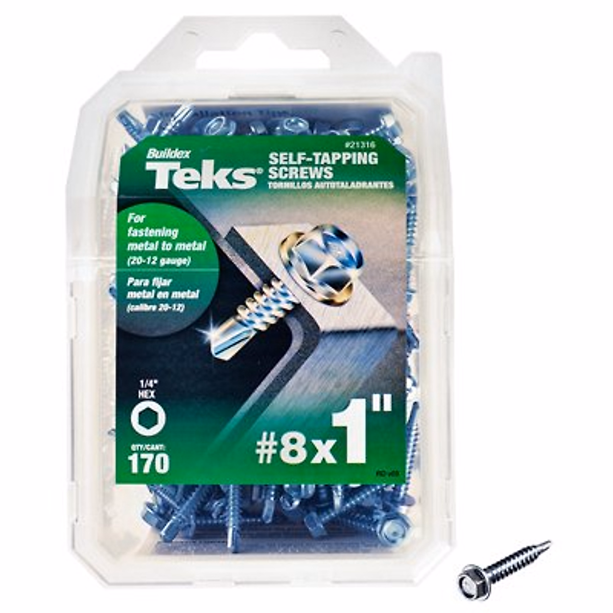 Teks 21316 Screw, 8 Thread, 1 in L, Coarse Thread, Hex Drive, Self-Drilling, Self-Tapping Point, Steel, Zinc, 170 PK - pack of 170