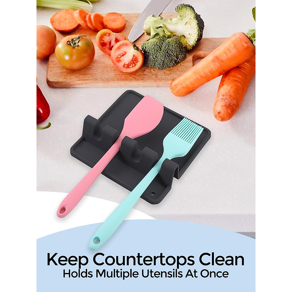 Silicone Spoon Rest with Drip Pad for Stove Top(2PCS), Large Utensil Rest for Multiple Utensils, Heat-Resistant & Dishwasher Safe Kitchen Utensil Holder for Spatula, Ladle, Kitchen Gadgets (Black)