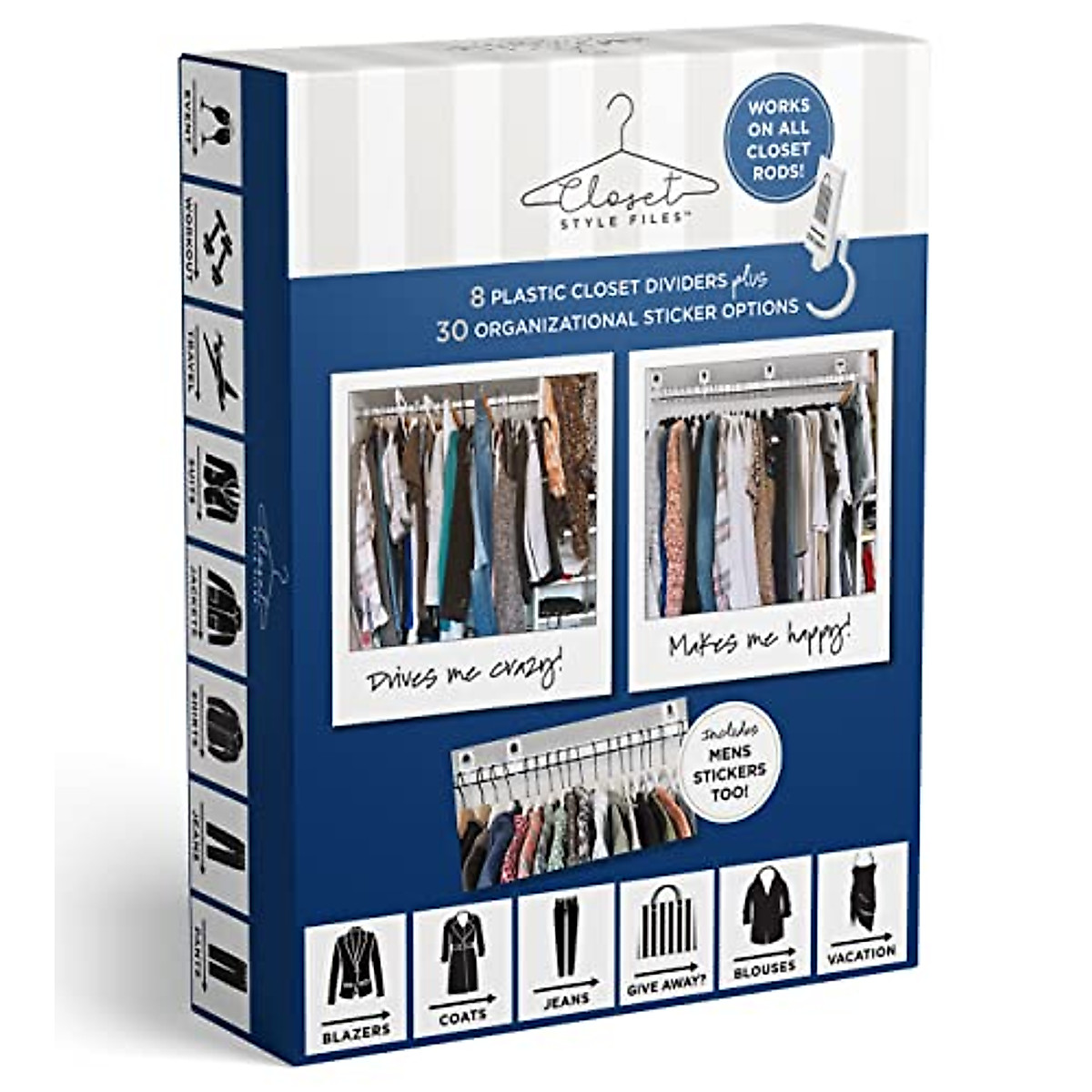 Closet Style Files Clothing Dividers - 8 Sturdy Plastic Clothing Dividers with 30 Organizational Sticker Options