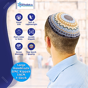 HolYudaica Hand Made 100% Cotton DMC Hand Knitted Kippah Hat Designed in Israel, Yamaka Jewish Hats for Men, Yarmulke Hat (Blue Grey, 19cm-7.5inch-Flat)