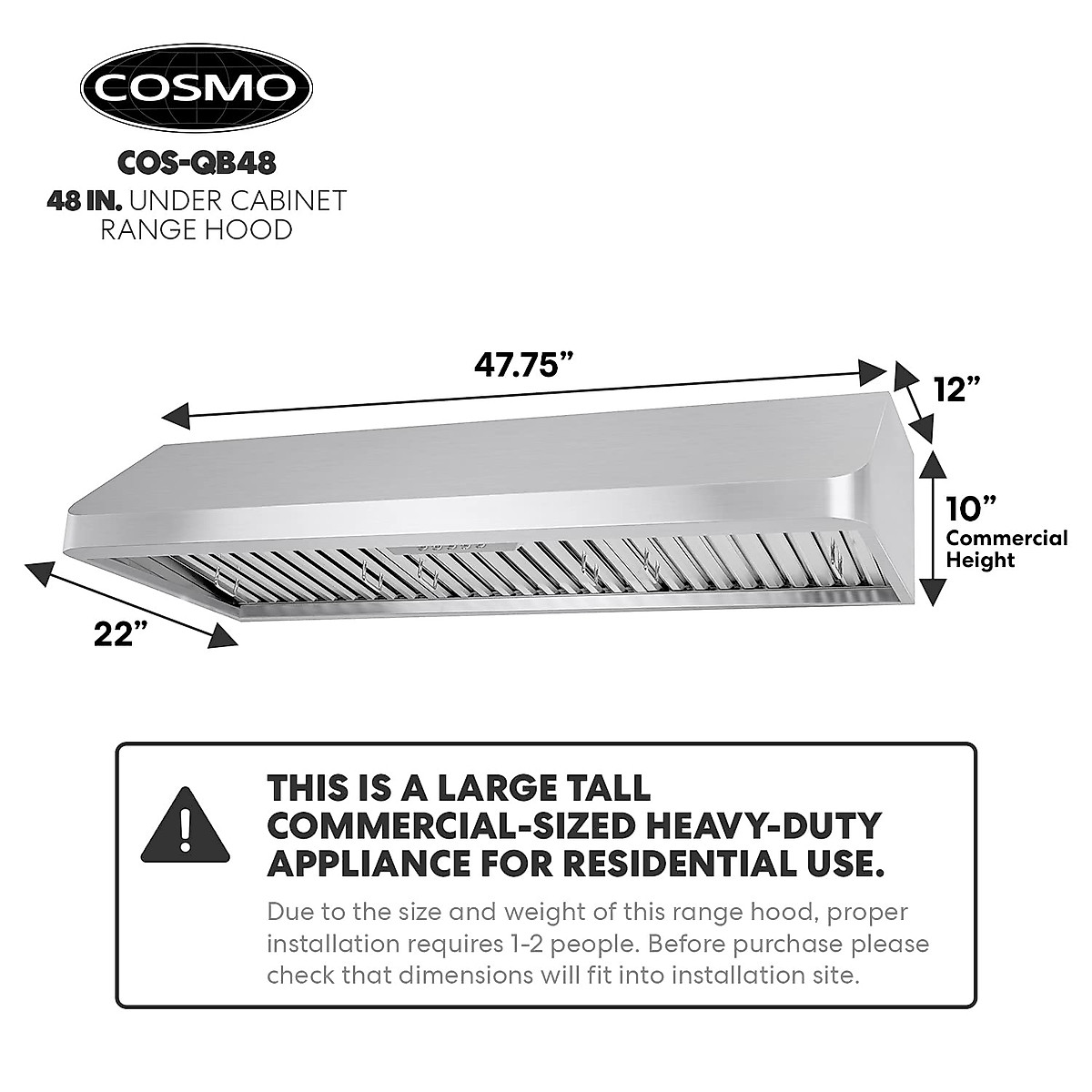 COSMO COS-QB48 Under Cabinet 48 in. Range Hood | 500 CFM, Ducted/Ductless Convertible (Kit Not Included), Push Button, Kitchen Stove Vent Light, Permanent Filter, Stainless Steel