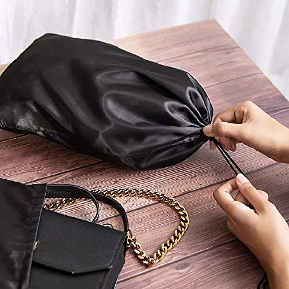 Satin Bags with Drawstring and Toggle - Cinch and Ditty Pouch for Travel, Bedroom and Wardrobe (10 x 15 inch - 12 pack, Black)