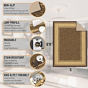 Machine Washable Bordered Design Non-Slip Rubberback 5x7 Traditional Area Rug for Living Room, Bedroom, Kitchen, Dining Room, 5' x 6'6", Brown
