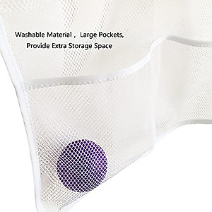Sainal White Mesh Shower Caddy Organizer with 6 Pockets and 4 Rings/Hooks Hanging on Shower Curtain Rod for Bathroom supplies, Save Space,Storage Bag for Toys