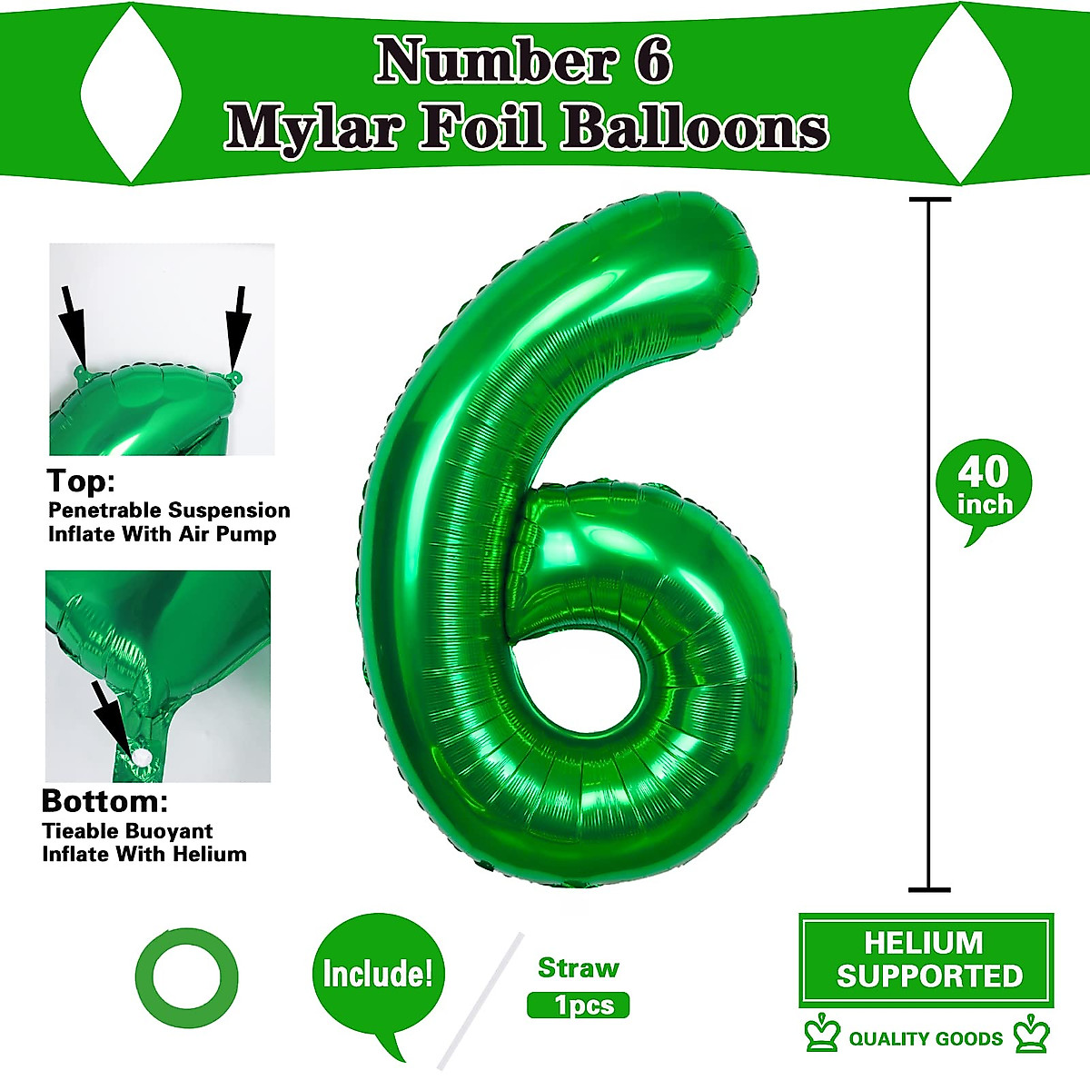 40 Inch Large Green Number 6 Balloon Extra Big Jumbo Mylar Foil Helium Balloons for 6 Year old Birthday Party Celebration Decors Graduations Wedding Anniversary Baby Shower Supply Engagement