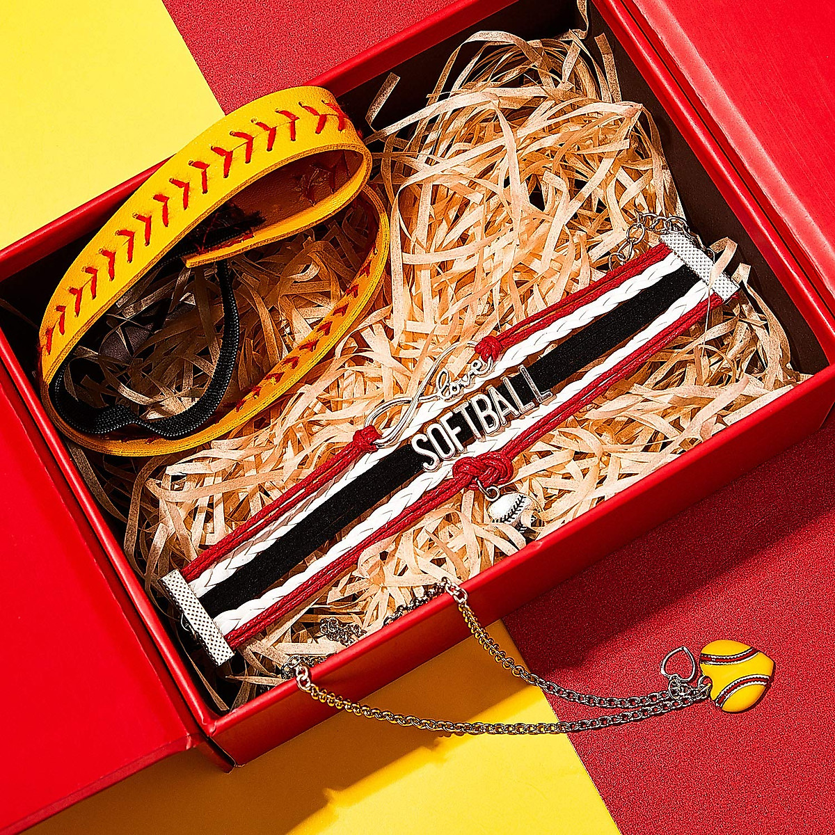 WILLBOND 4 Pieces Softball Girl Accessories Set, Softball Headband Softball Bracelet Softball Necklace Softball Drawstring Bag for Women Girls