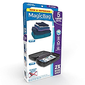 MagicBag 5-Pack Large Suitcase Travel Compression Bags Instant Space Saver Storage - Airtight Double Zipper - Suits, Dresses, Dress Shirts, Pants, Slacks, Pillows, Cruise Ship Essentials