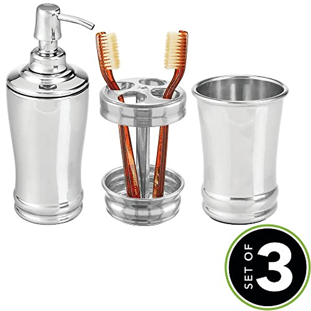 mDesign Metal Bathroom Vanity Countertop Accessory Set - Includes Refillable Soap Dispenser, Divided Toothbrush Stand, Tumbler Rinsing Cup, Vivi Collection, Set of 3, Chrome