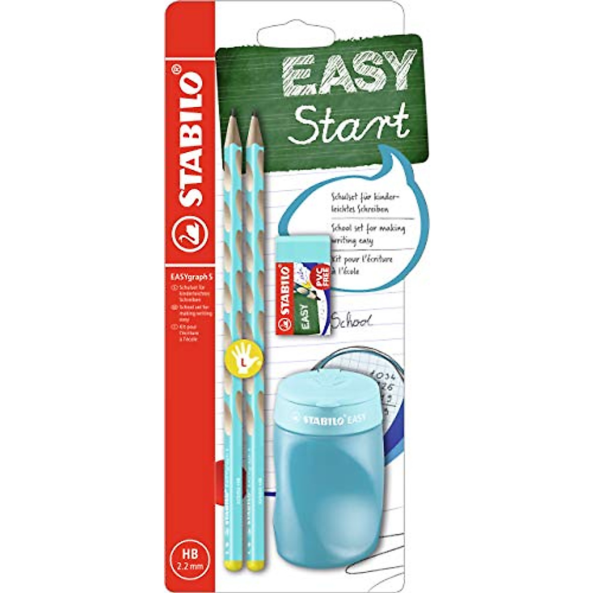 STABILO Handwriting Pencil EASYgraph S School Set - Left-Handed - Pencil x 2 + EASYsharpener + EASYeraser - blue