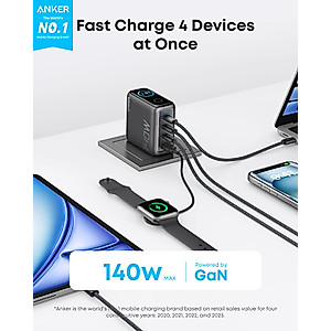 Anker Laptop Charger, 140W USB C Charger, 4-Port Multi-Device Fast Charging, Advanced GaN Power Adapter, Intuitive Touch Controls, for MacBook, iPhone 16 Series, Samsung Galaxy, Pixel, and More