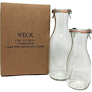 Weck Juice Jar Combo Pack - (1) 766 1-Liter jar (1) 764 1/2-Liter jar with Glass Lids, Rubber Rings and Steel Clamps & Keep Fresh Lids