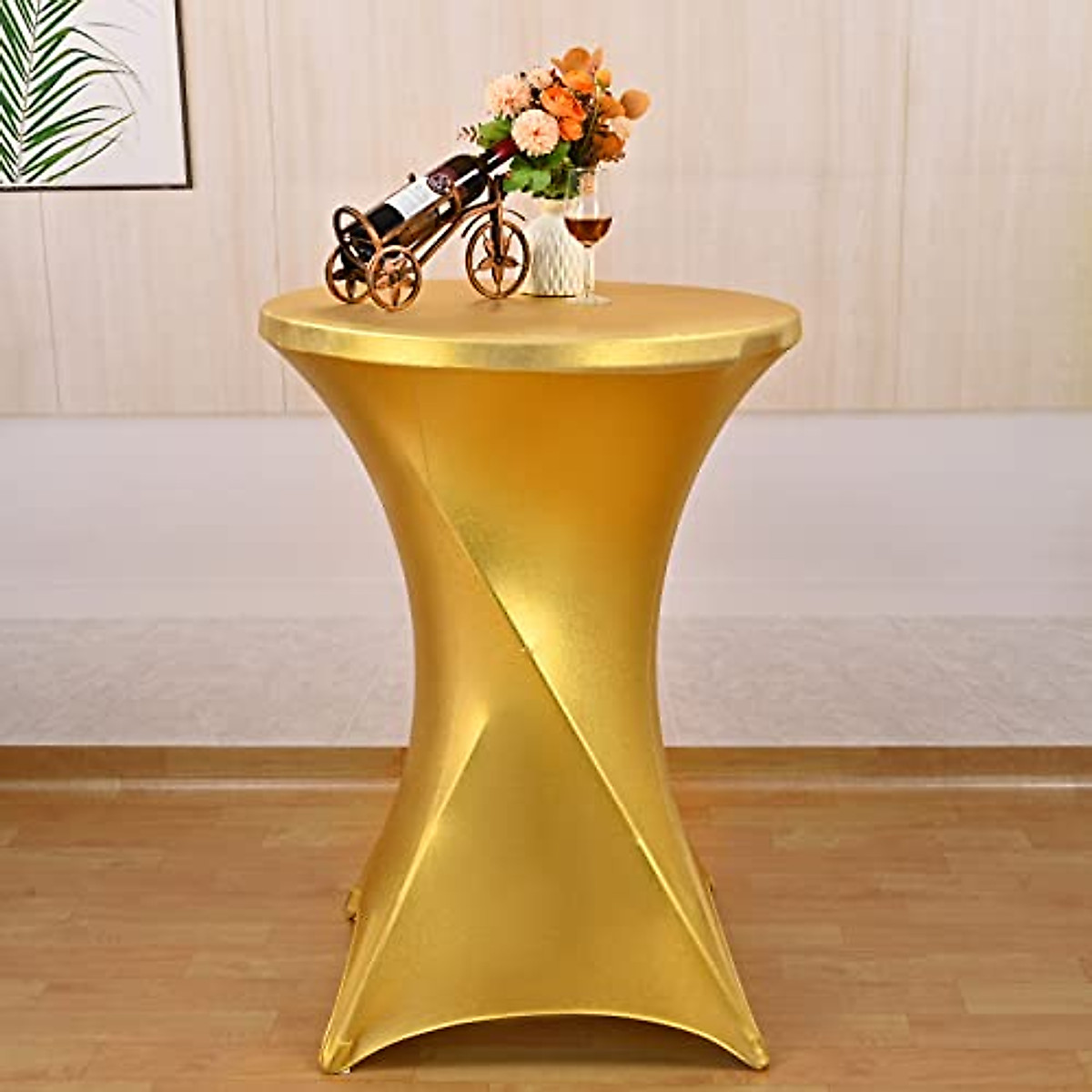 4 Pack Cocktail Spandex Stretch Square Corners Tablecloth, 32"x43" Metallic Gold Spandex Cocktail Table Cover, Fitted High Top Round Table Cloth for Wedding Bar Party Events Home Decor Supplies