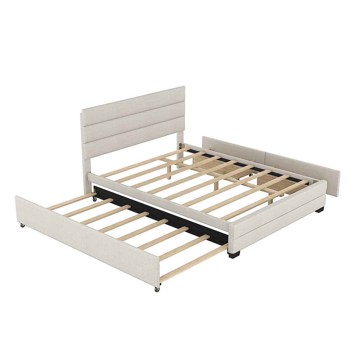 LCH Queen Size Bed with 2 Storage Drawers and a Twin Size Trundle, Upholstered Platform Queen Bed Frame with Tufted Headboard, Linen Fabric, No Box Spring Needed (Beige)
