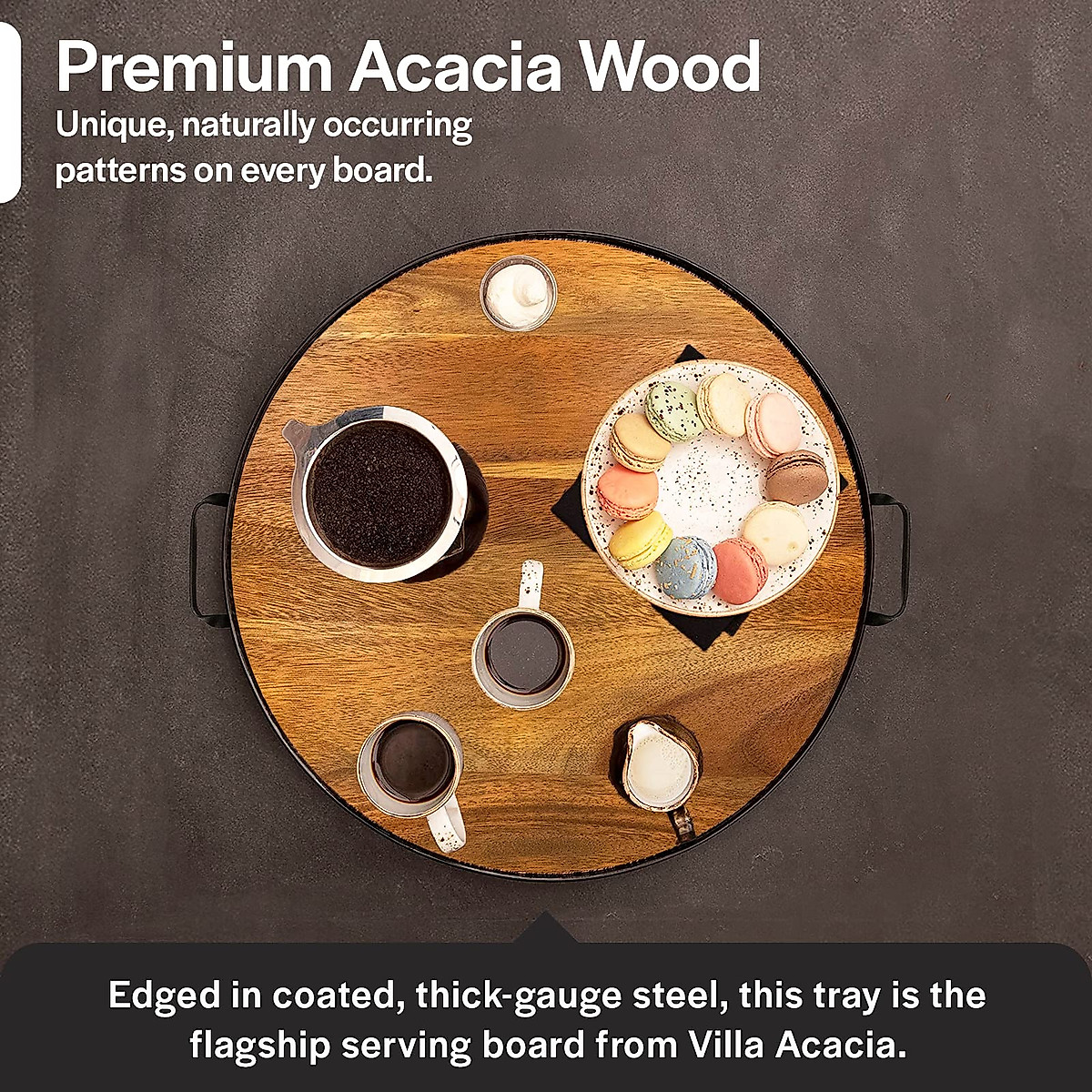 Villa Acacia 18 Inch Round Serving Tray, Solid Wood with Metal Band and Handles