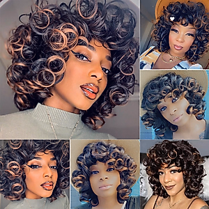 KEAT Curly Wigs for Black Women Short Big Curly Kinky Wigs for Women Afro Wavy Black Mixed Brown Wig with Bangs Cute Natural Synthetic Wigs for African American Women K002